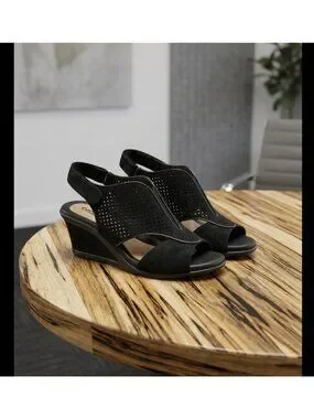 Earth | Shoes | Earth Dalia Black Nubuck Peep Toe Wedge Heel Slingback ...